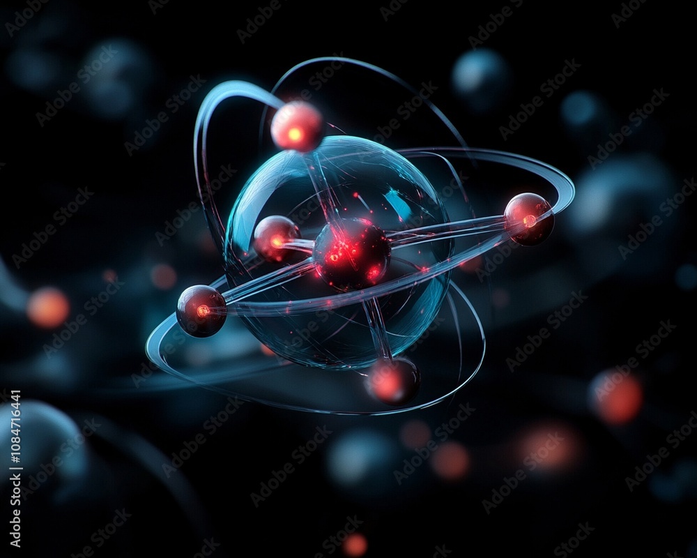 Futuristic atom model with glowing elements, symbolizing energy and ...