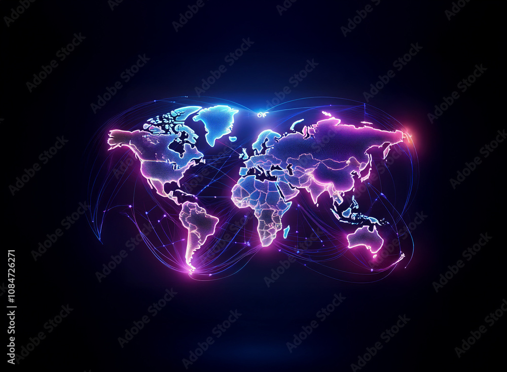 A vibrant, glowing world map depicted with neon pink and blue lines ...