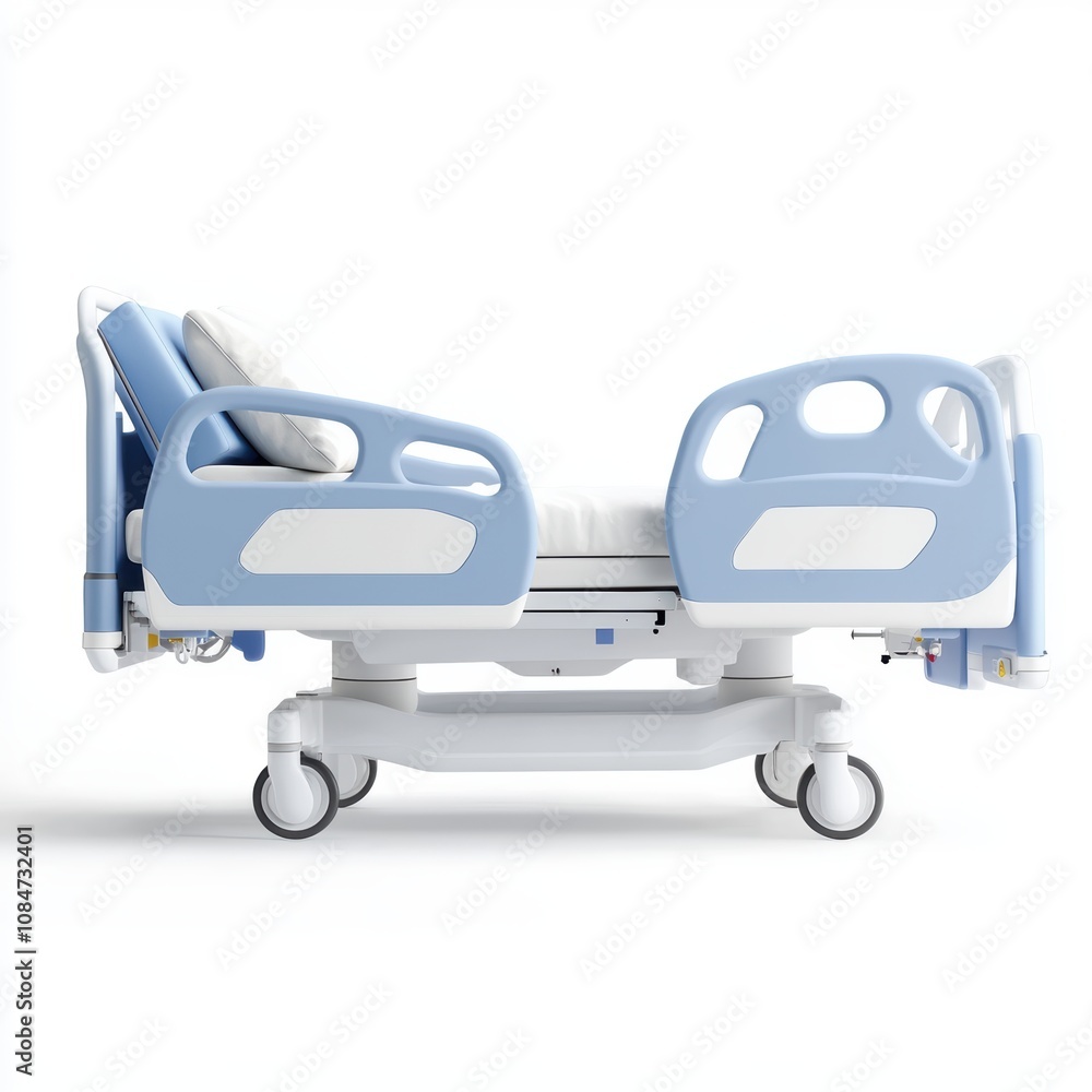 A modern hospital bed designed for patient comfort and care, featuring adjustable sections and a ...