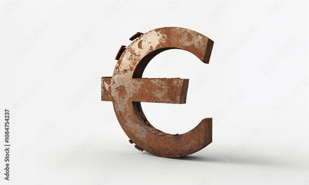 rusty old broken 3d sign of Euro, € EUR symbol standing, destroyed and ...