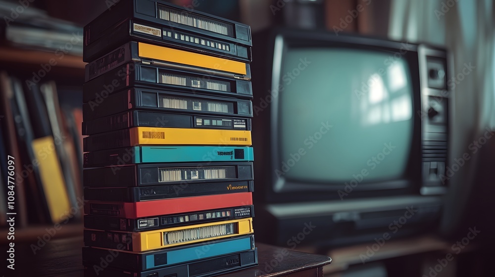 A stack of brightly colored VHS tapes, with bold labels and retro ...