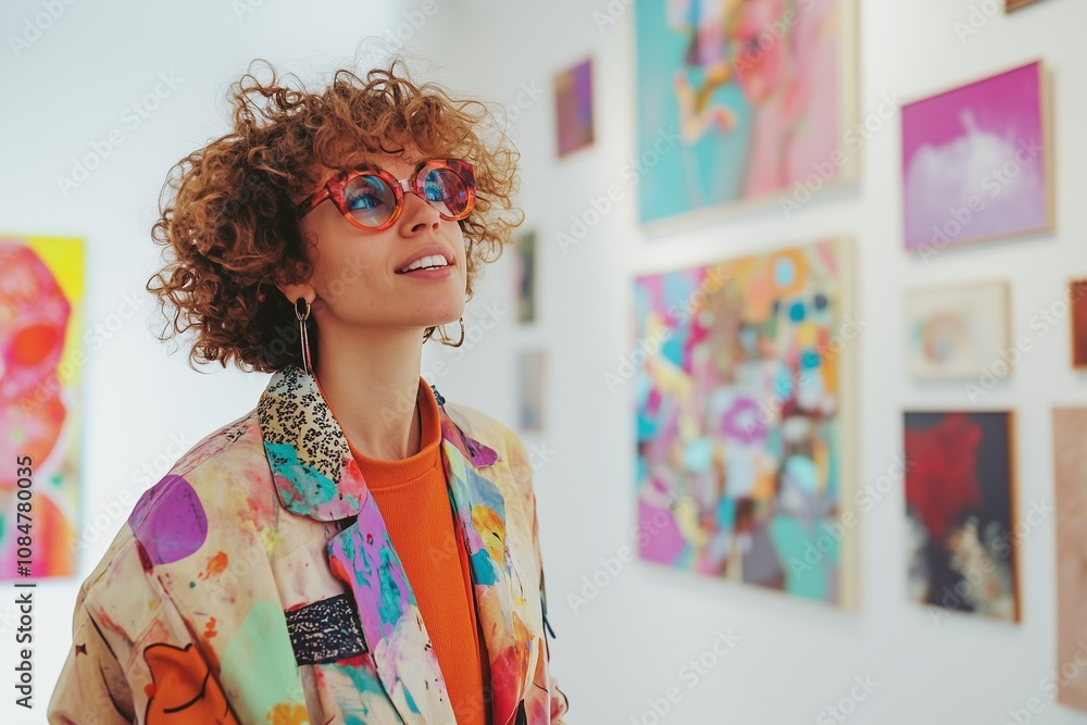 A creative professional presenting their artwork in a brightly lit ...