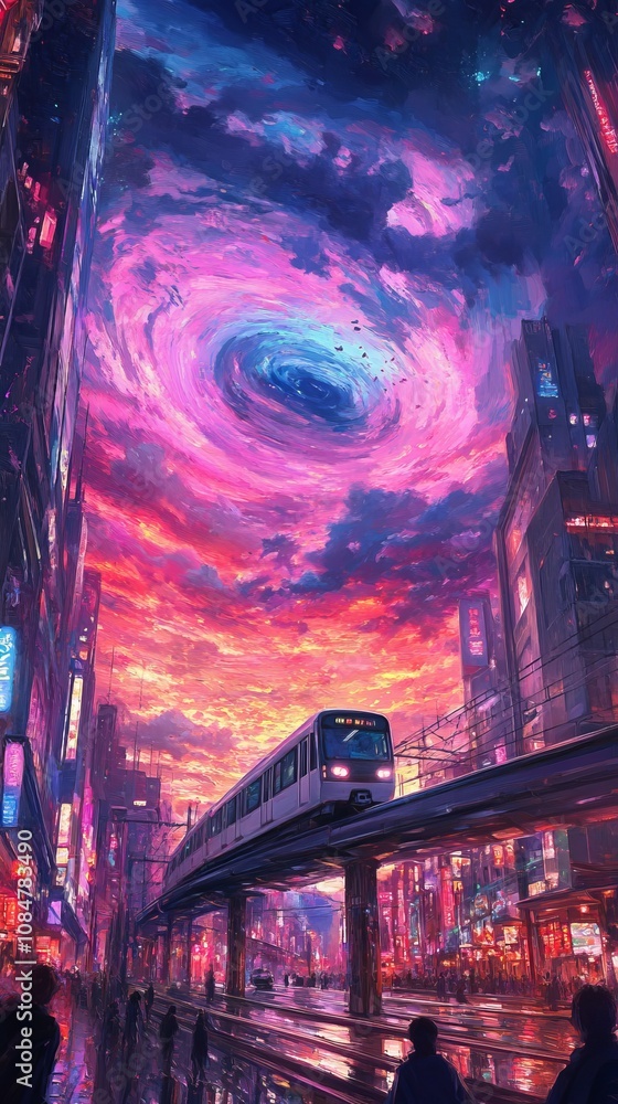 Neo Tokyo Dreamscape - Surreal Anime Cityscape with Elevated Train in ...
