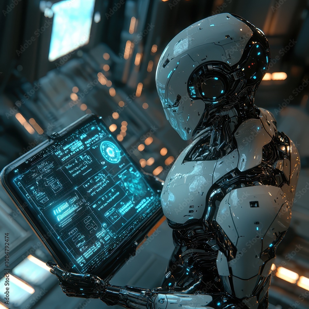 Futuristic Humanoid Robot Analyzing Data on a High-Tech Device in a Sci ...