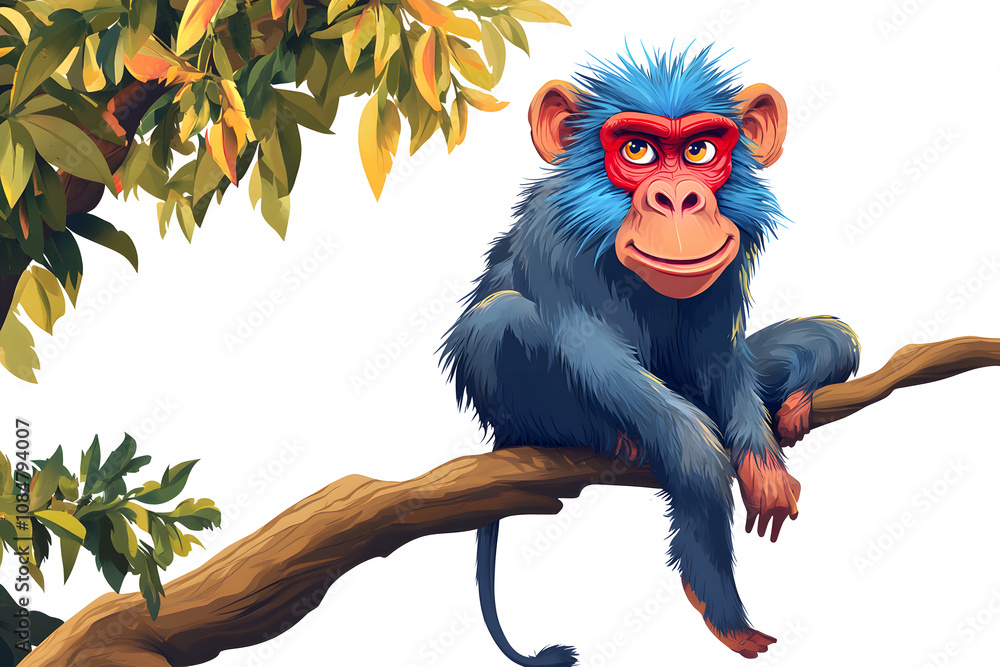 Cartoon baboon with bright red and blue face markings with transparent ...