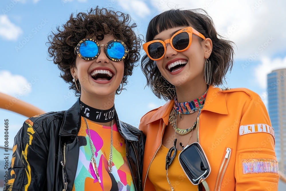 Stylish Gen Z women in streetwear laughing together on a city bridge ...