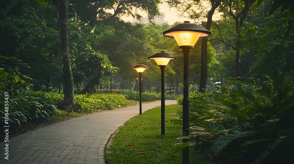 Solar-powered streetlights along a park path, surrounded by greenery ...