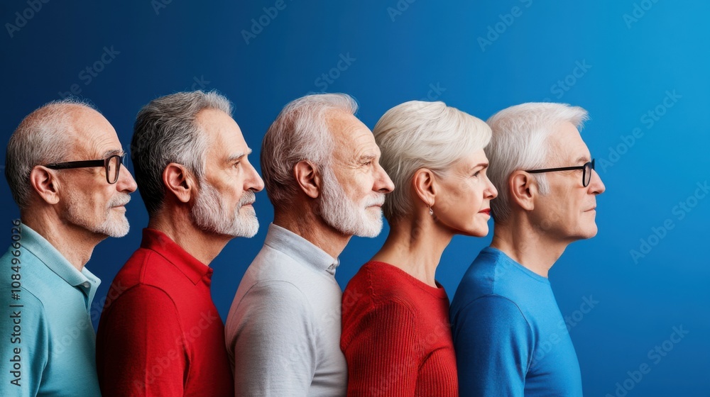 Diverse Group of Older Adults in Profile Standing Against a Blue ...