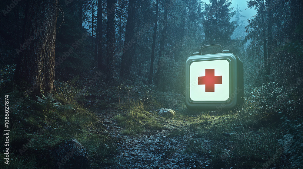 Giant first aid kit glowing in a dark forest, lighting up the path for ...