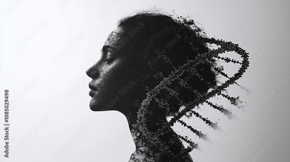 Human silhouette merging with a double helix structure, representing ...