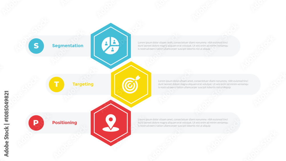 STP marketing analysis infographics template diagram with hexagon round ...