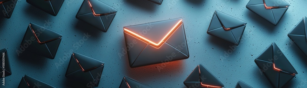 Black email, illuminated black email in a sea of dark envelopes modern ...