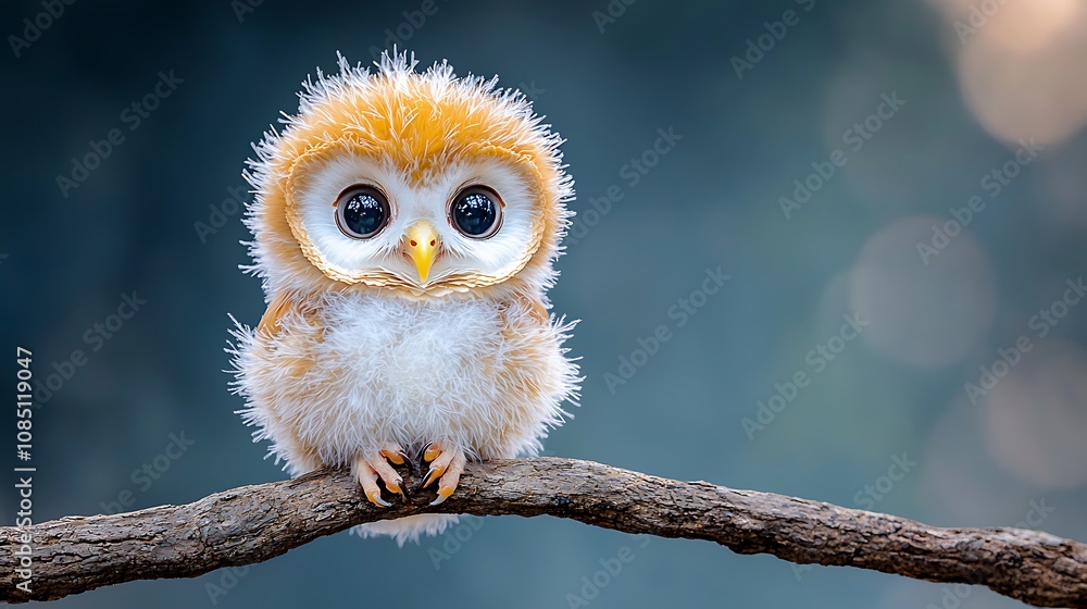 The cute baby owl is fluffy and round, with big round eyes that seem to ...