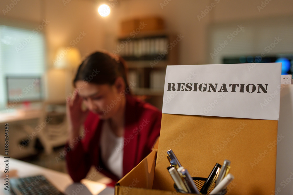 Attractive Asian businesswoman is sitting at a desk holding a ...