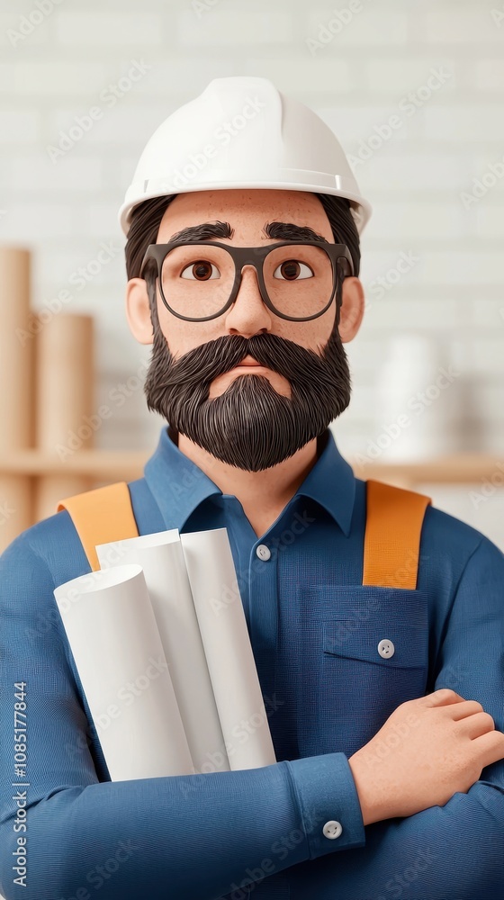 D Cartoon Architect Holding Blueprints Stock Illustration | Adobe Stock