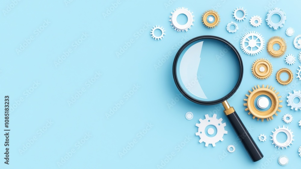Seo analysis techniques featuring gears under magnifying glass digital ...