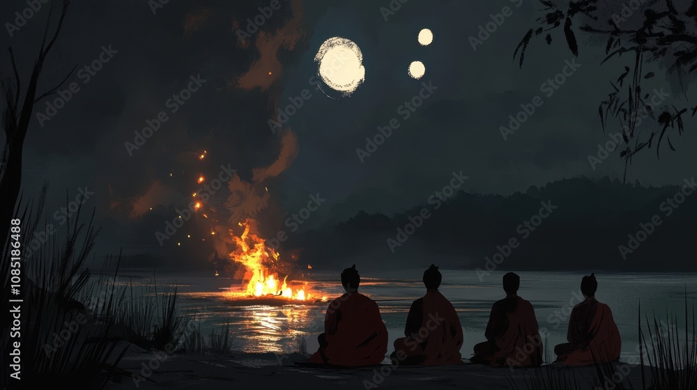 Evening aarti at the Ganga river, devotees in peaceful prayer, flames ...
