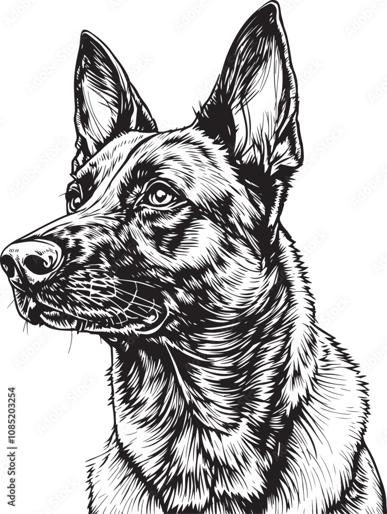 Belgian Malinois Dog Puppy Portrait Linear Drawing Sketch Art Black and ...