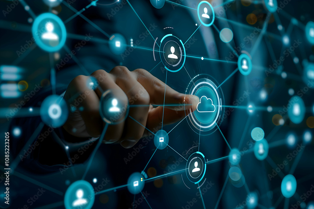 Connecting the Dots: A hand interacts with a futuristic network visualization, showcasing ...
