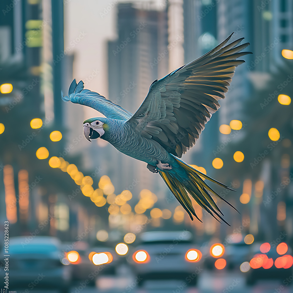 stunning parrot flying above expensive cars in bustling city street ...