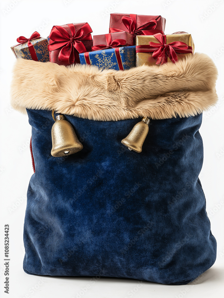product photography of realistic santas bag in blue colours with ...