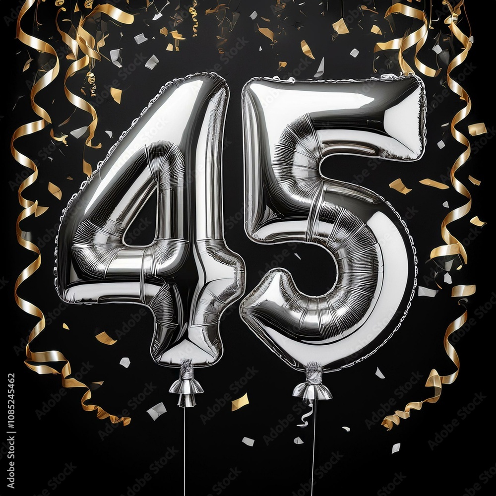 Silver birthday / anniversary balloon, number 45, black background with ...