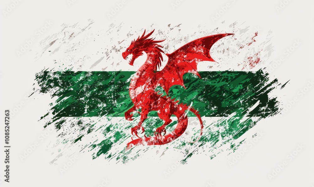 In this modern illustration of the Welsh flag, a red dragon is seen on ...