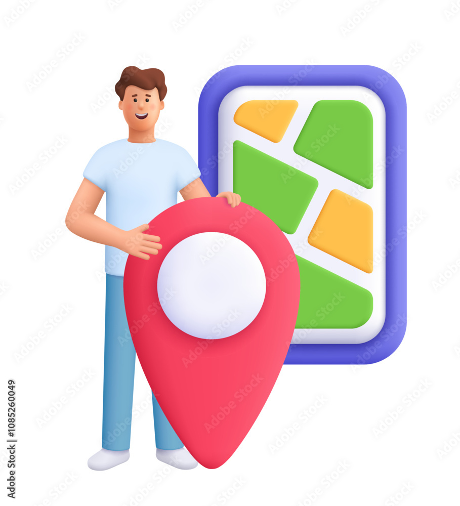 Young man standing near big pin map or geotag and smartphone with ...