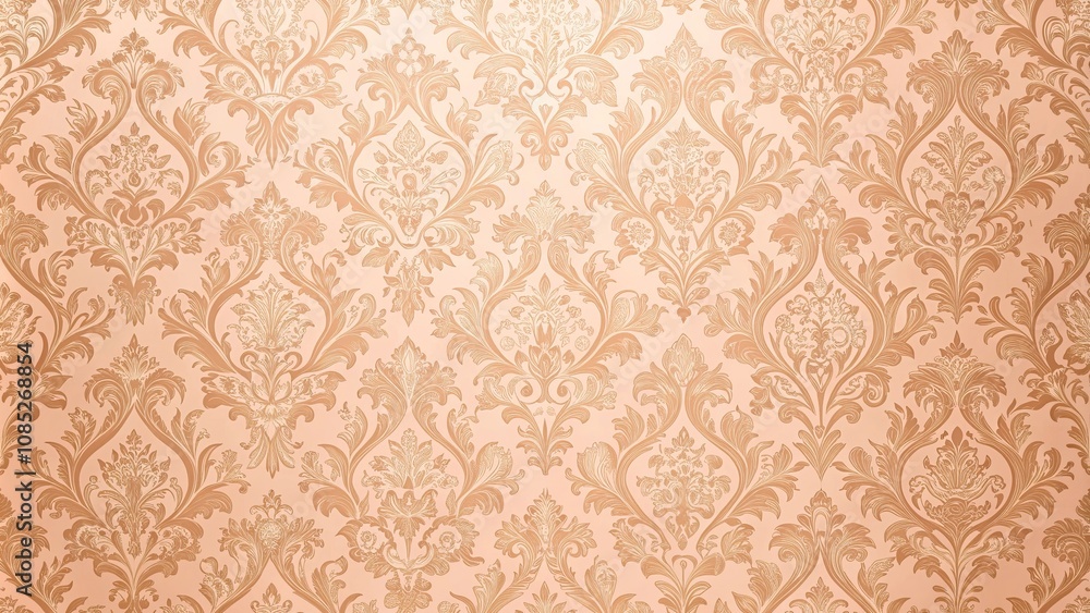 Soft peachy pink damask patterned wallpaper with intricate gold trim ...
