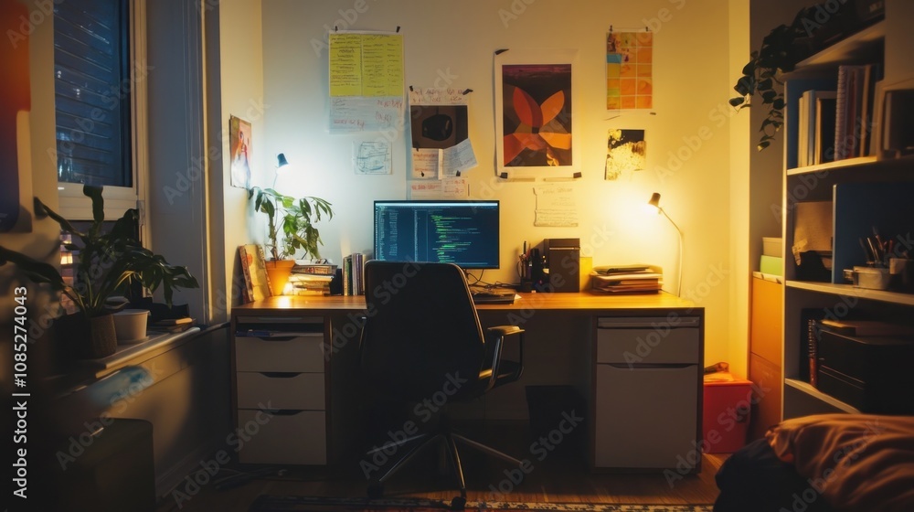 Modern college dorm study setup with compact desk, comfortable chair ...