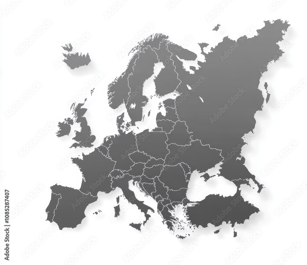 Detailed Gray Map of Europe Showing Borders and Country Outlines with a ...