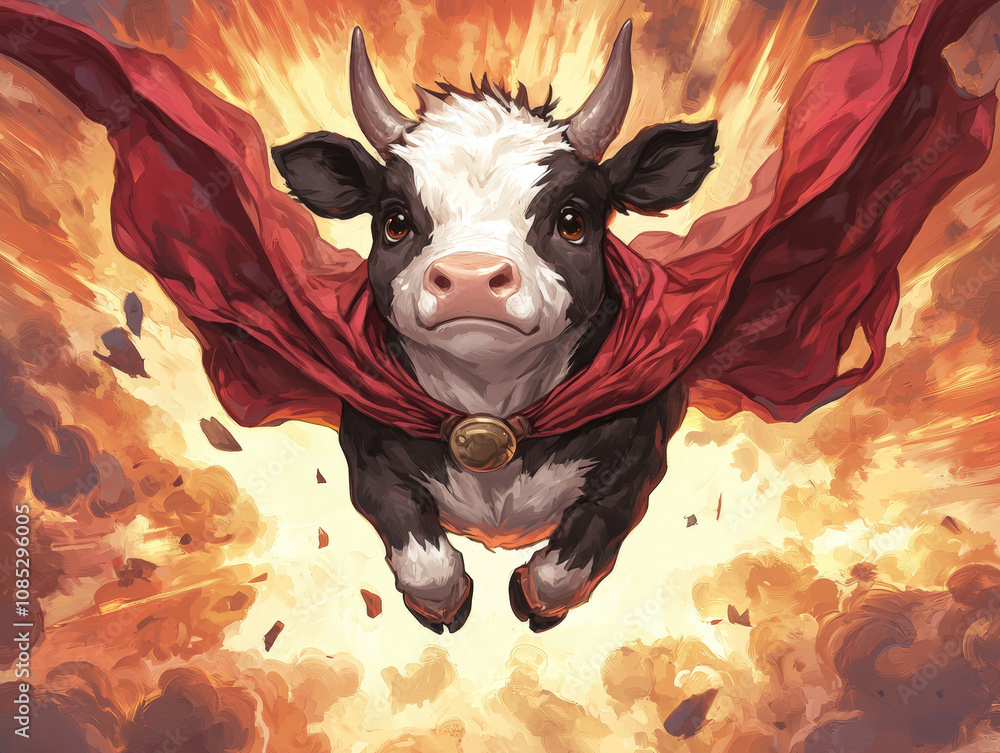 cow in superhero cape flies through explosion, showcasing bravery and ...