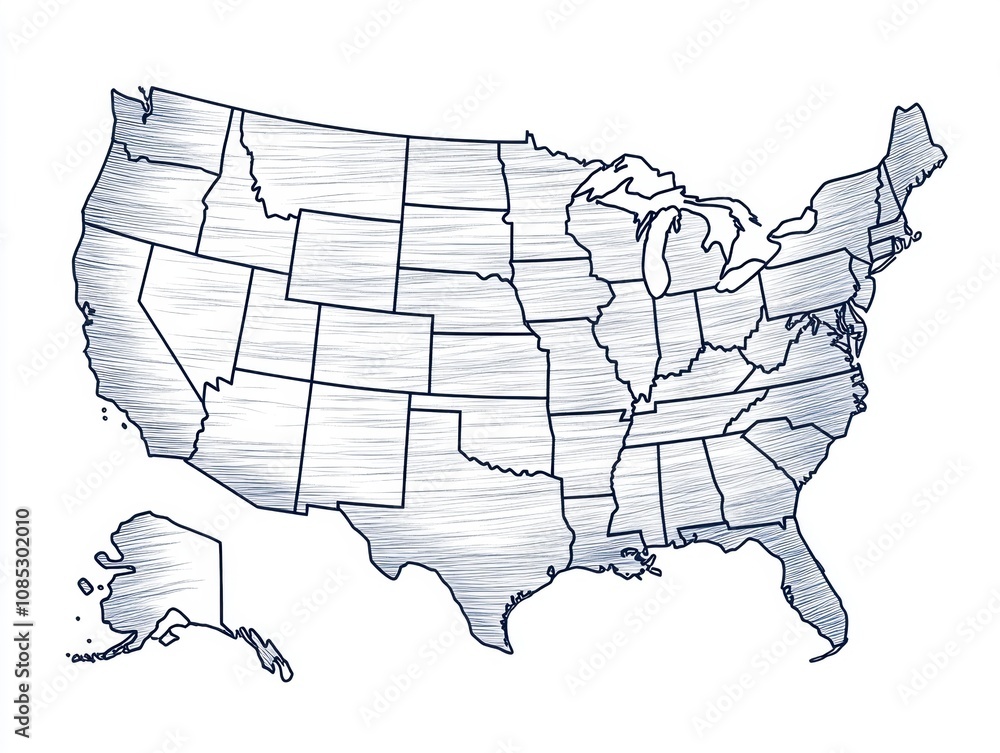 Outline of the United States Map with Individual States in a Hand-Drawn ...