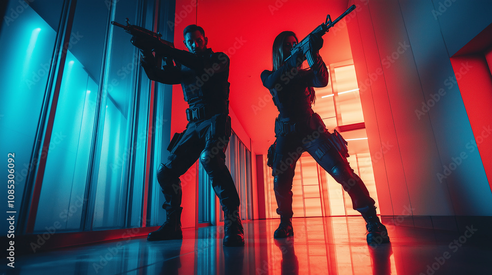Two soldiers in dramatic lighting hold rifles in a futuristic setting ...