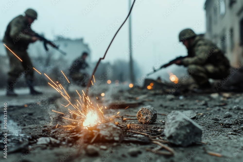 Soldiers crouch under fire, surrounded by rubble and sparks against a ...