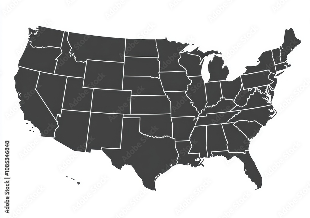 Outline Map of the United States Displaying All Fifty States in a Clean ...