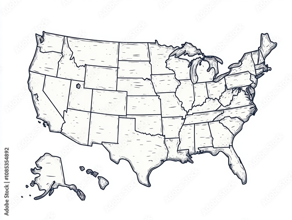 Outline of the United States Map Showing All 50 States Including Alaska ...