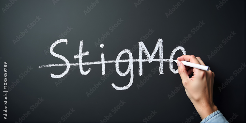 Handwriting the word "Stigma" with a red line crossing it out on a ...