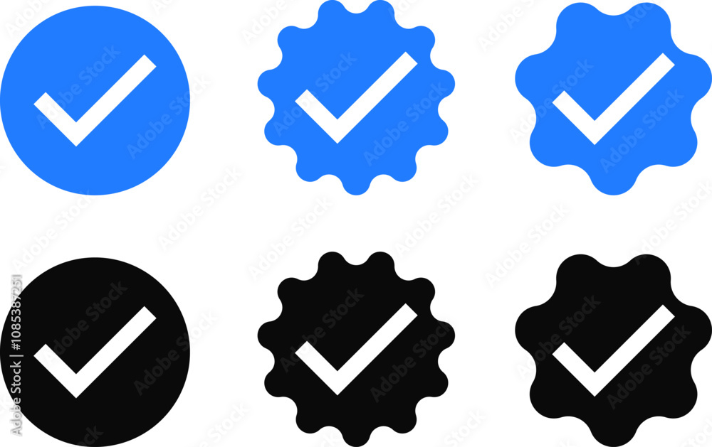 Blue tick verified badge icon set. Set of right symbol. Social media ...