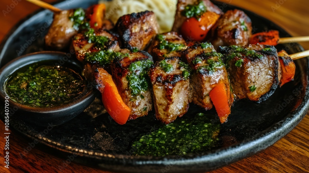 Brazilian churrasco pork, skewered and grilled over open flames, served ...