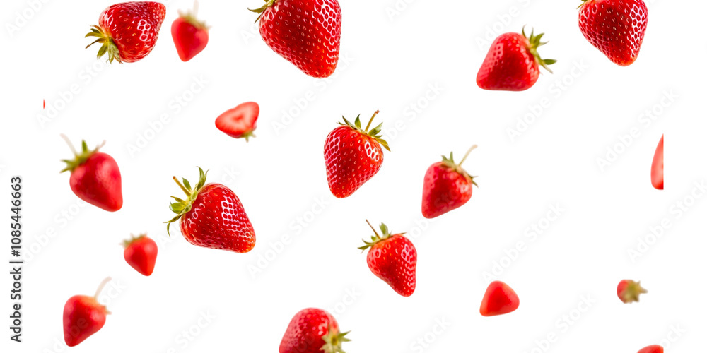 Strawberries are scattered floating in the air on a transparent ...