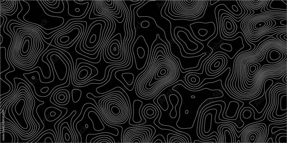 Abstract white on black background with Topographic line map pattern ...