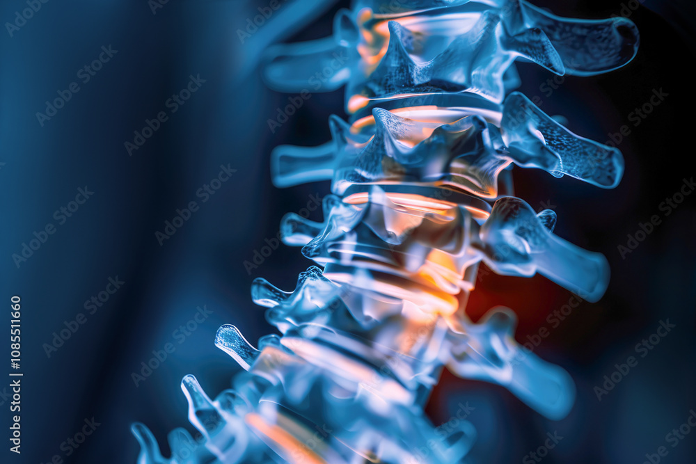 MRI or x-ray scan showing the spine, highlighting vertebrae and discs ...