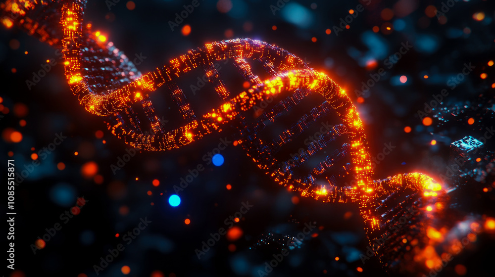 A vibrant 3D model of a DNA double helix emits a warm glow amid a dark ...