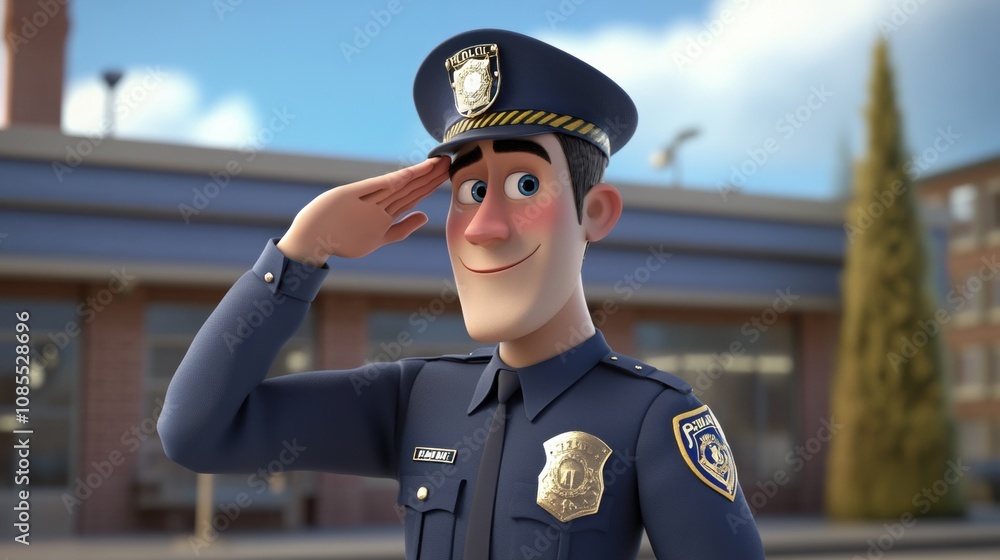 Animated police officer character saluting proudly with a smile in a ...