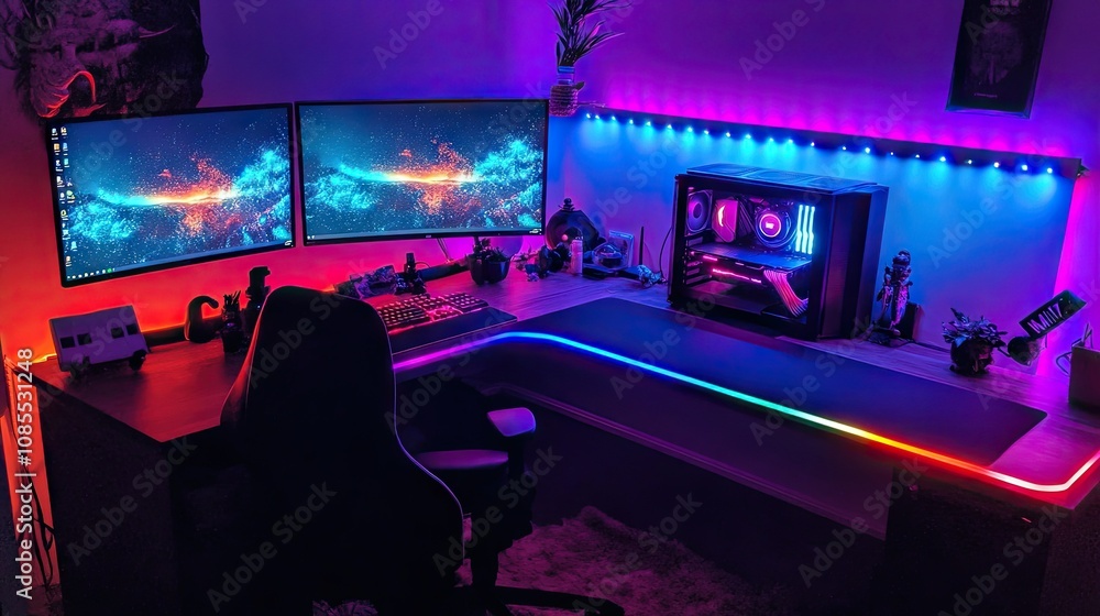 Dark gaming room with an RGB-lit gaming chair in front of a dual ...