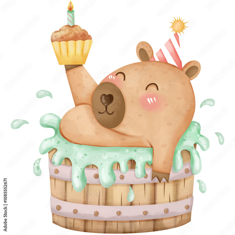Cartoon capybara on birthday party, hand drawn watercolor Stock ...