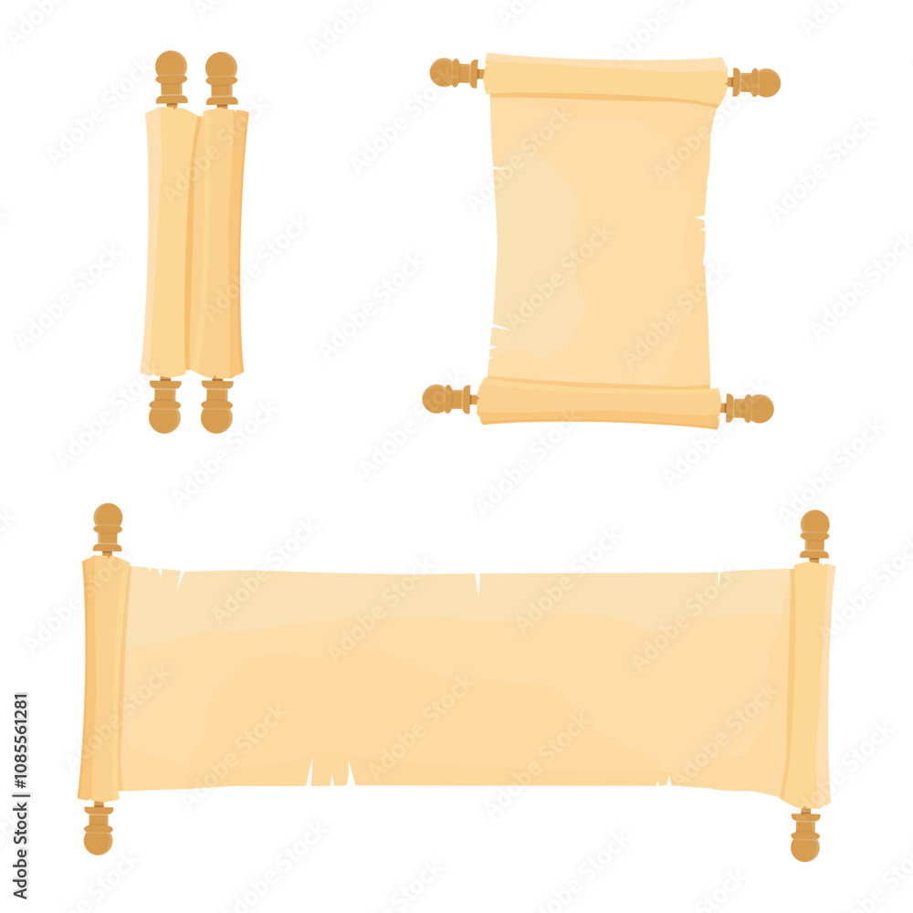 Opened and folded parchment scroll isolated on white background. Old ...