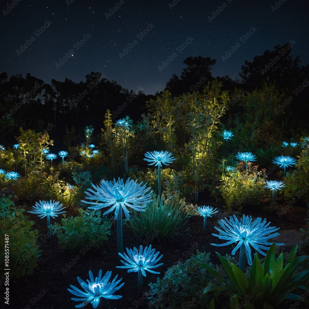 Solar-Powered Bioluminescent Garden at Night: A garden of solar-powered ...