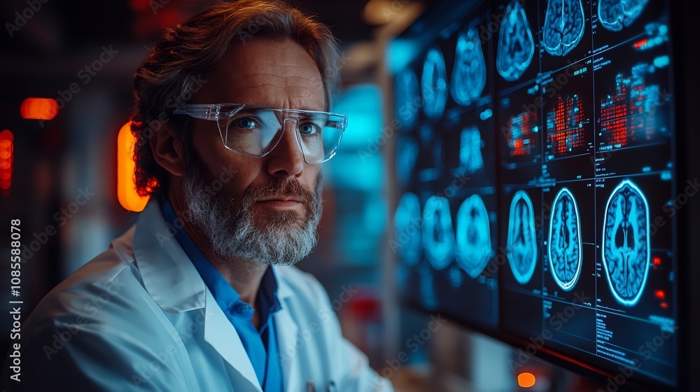 Neuroscientist using advanced AI tools analyze brainwaves glowing ...